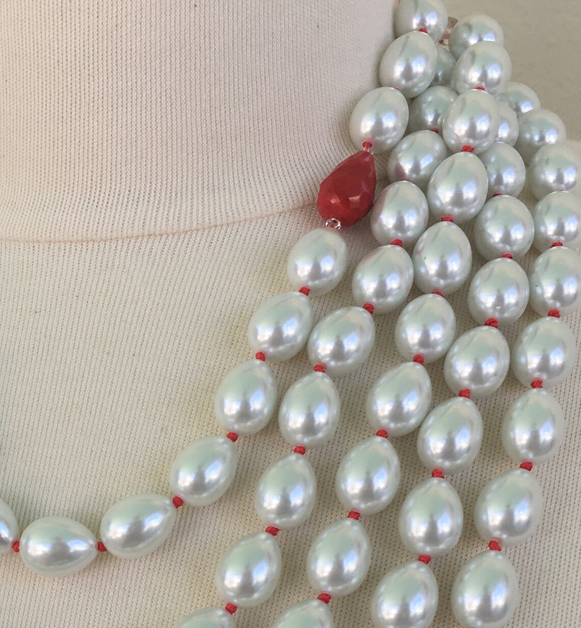 5 Strand Shell Pearl Necklace hand knotted in red silk | Etsy