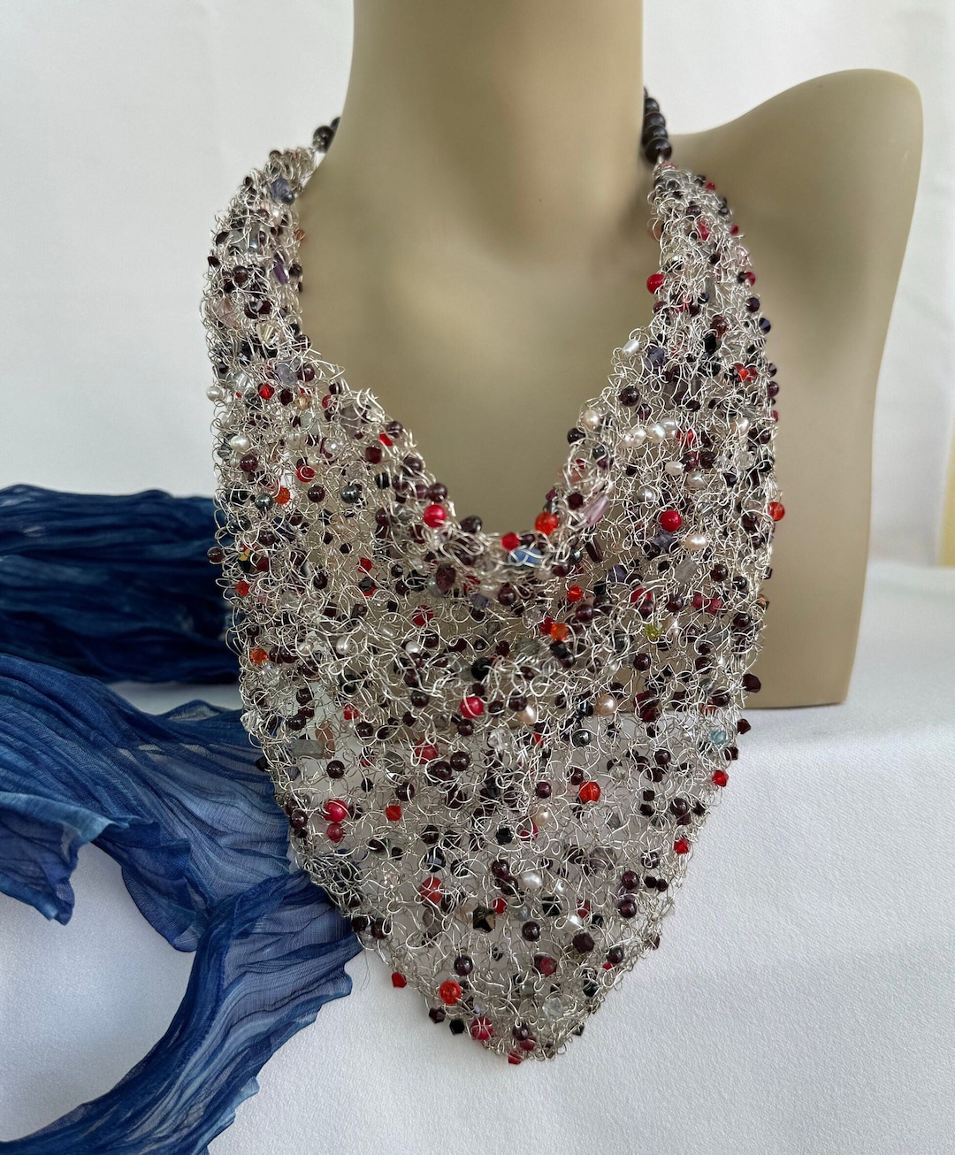 Mesh Bib Necklace, Sculpted and Woven Sterling Over Copper Wire ...