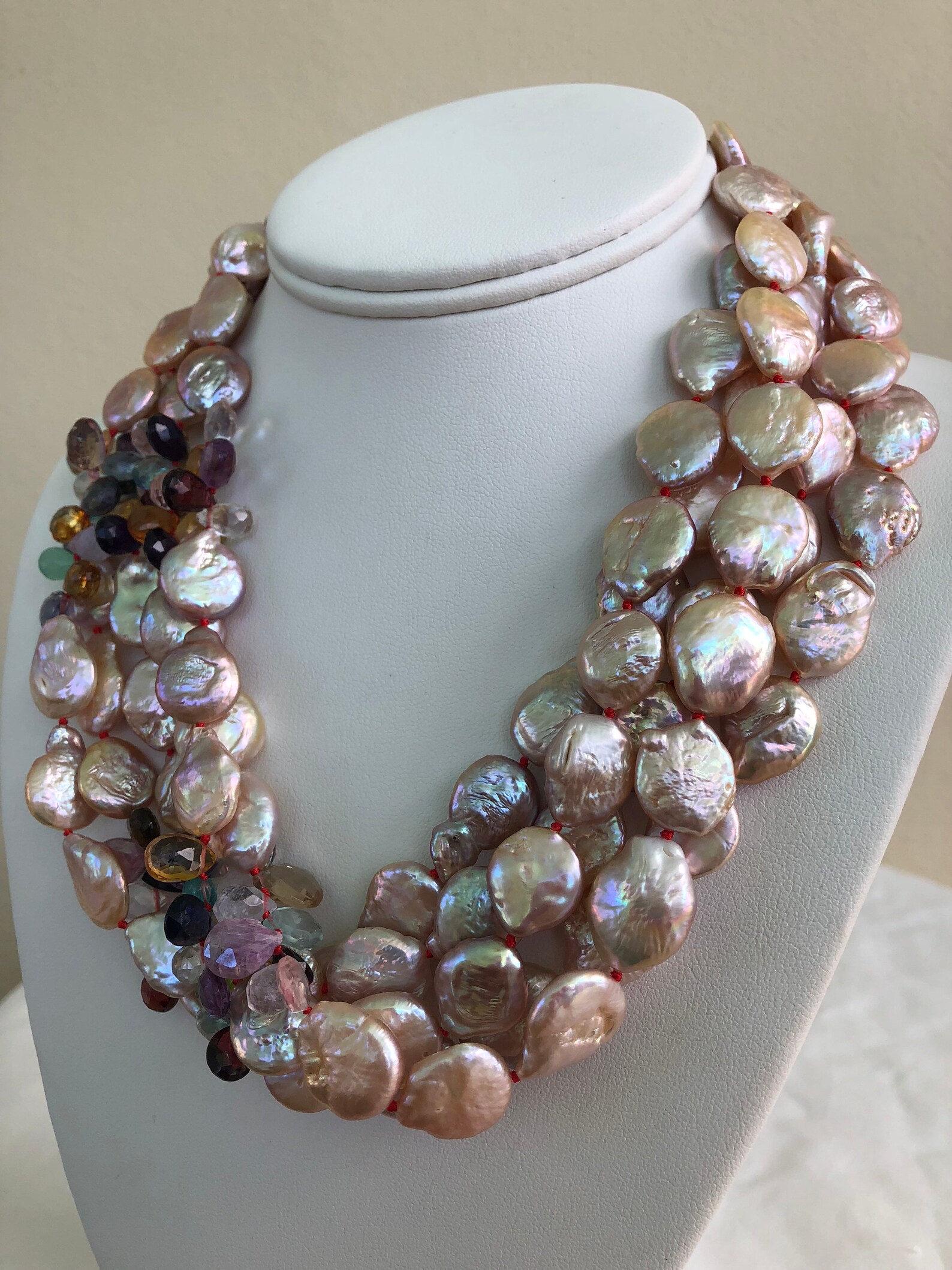 Gem Pearl Necklace, Hand Knotted in Silk, 12 Mm Mauve Coin Pearls, 53 ...