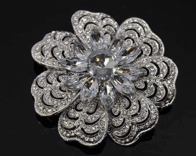 Extra Large Rhinestone Brooch Silver Rhinestone Flower Brooch - Etsy