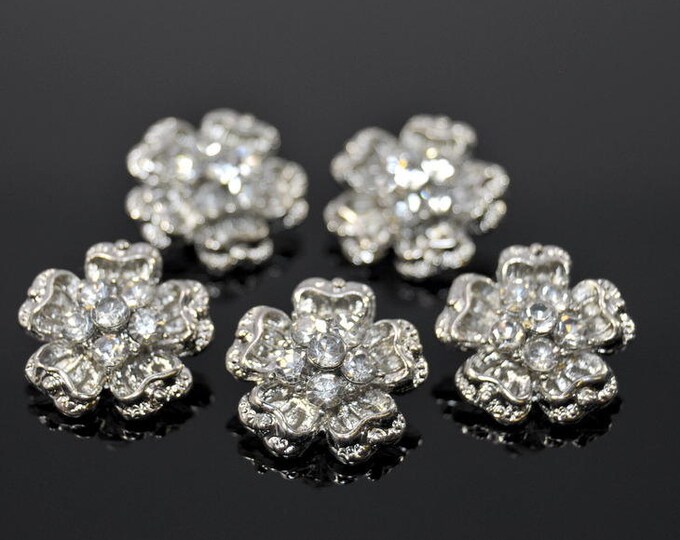 5 Silver Rhinestone Flower Buttons: DIY Hair Clip Embellishments - Etsy
