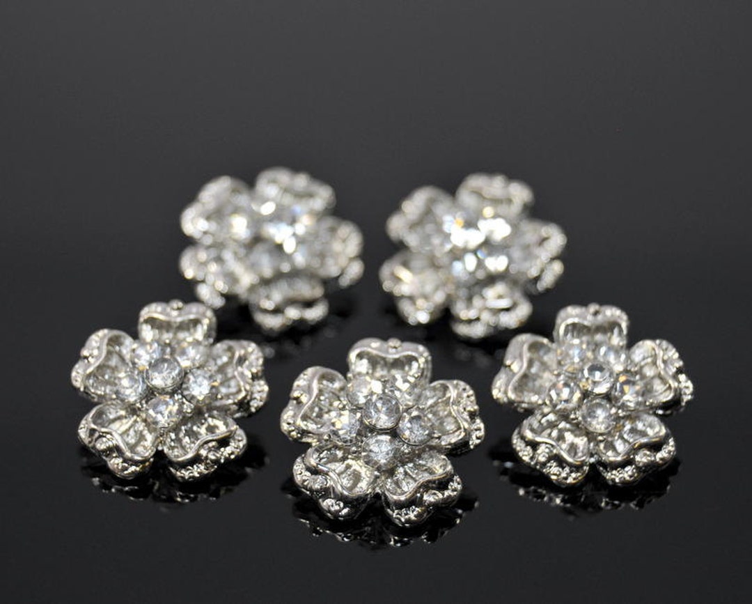 5 Silver Rhinestone Flower Buttons: DIY Hair Clip Embellishments - Etsy