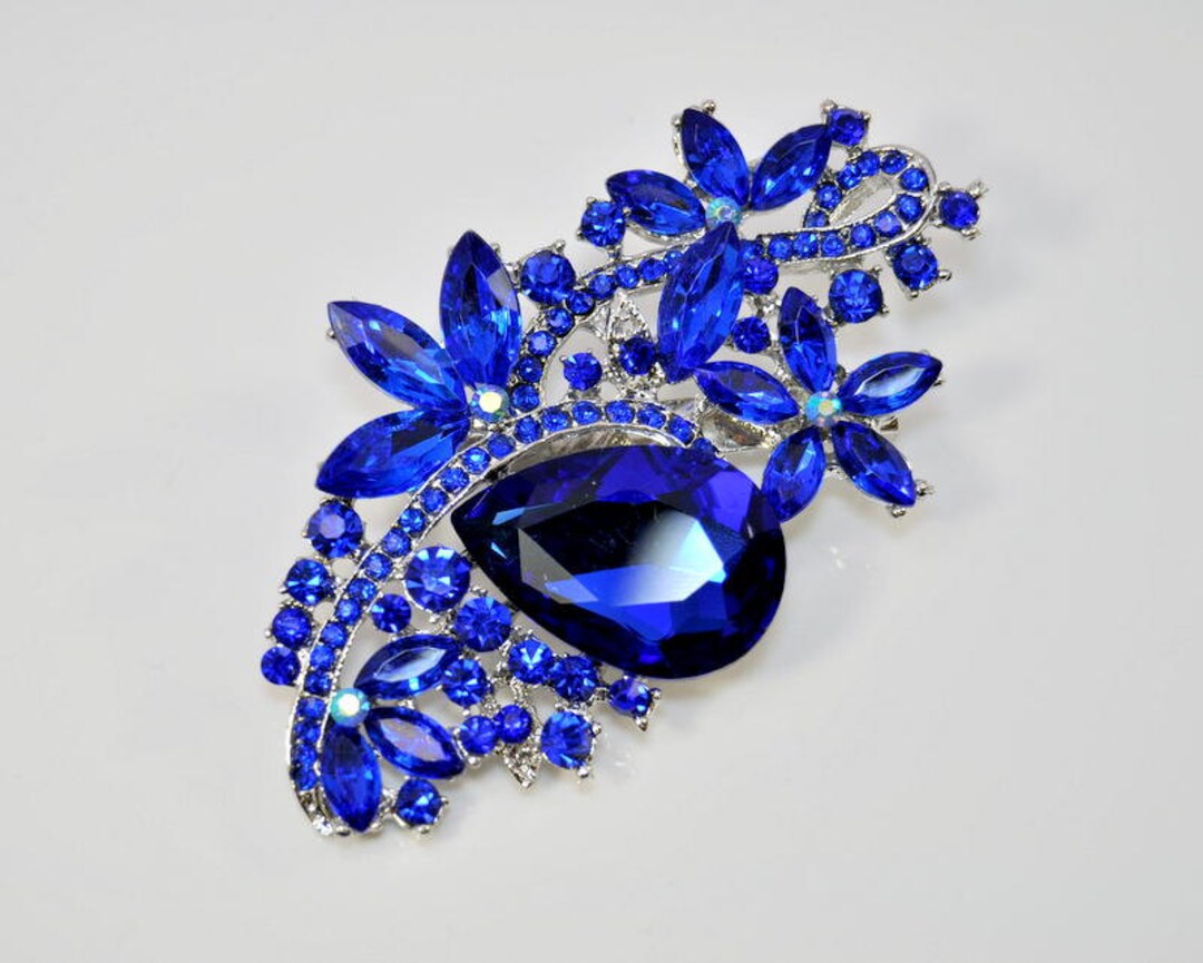Sapphire Blue Crystal Brooch, Royal Blue Rhinestone Broach, Large Blue ...
