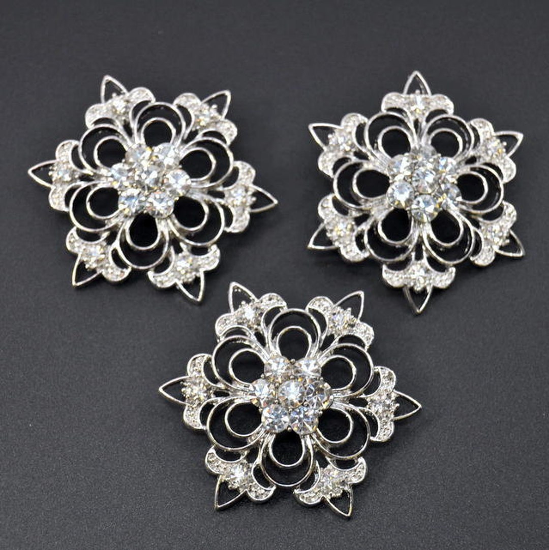 3 Pcs Rhinestone Flower Buttons: Silver Crystal Embellishments (1.95 ...