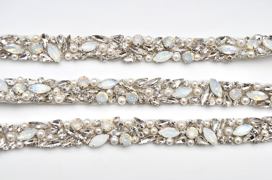 1 Yard, Opal Crystal Beaded Trim, Silver Embroidered Rhinestone Trim ...
