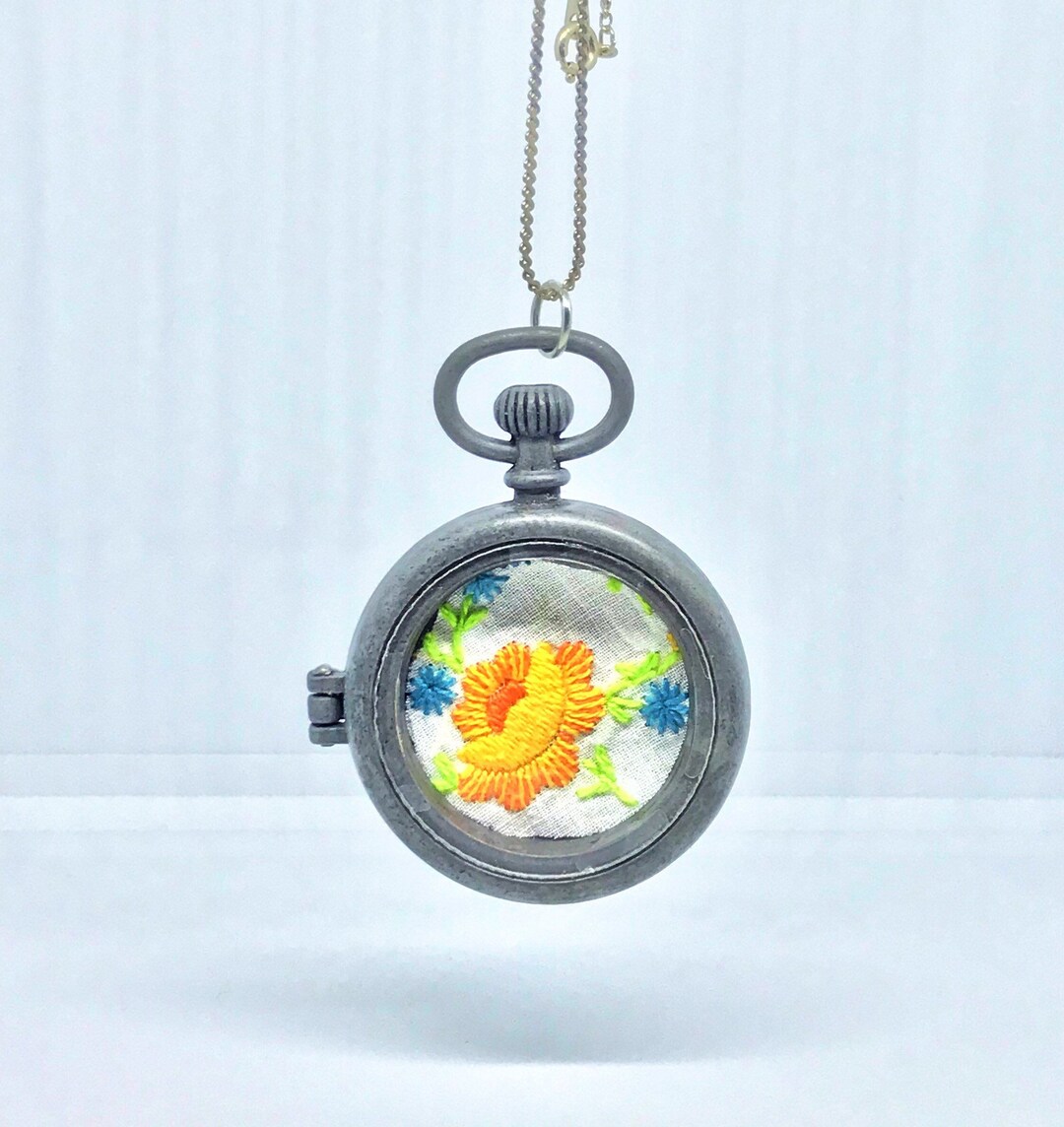 Pocket Watch Shadow Box Pendant Necklace, Vintage Handkerchief Necklace ...