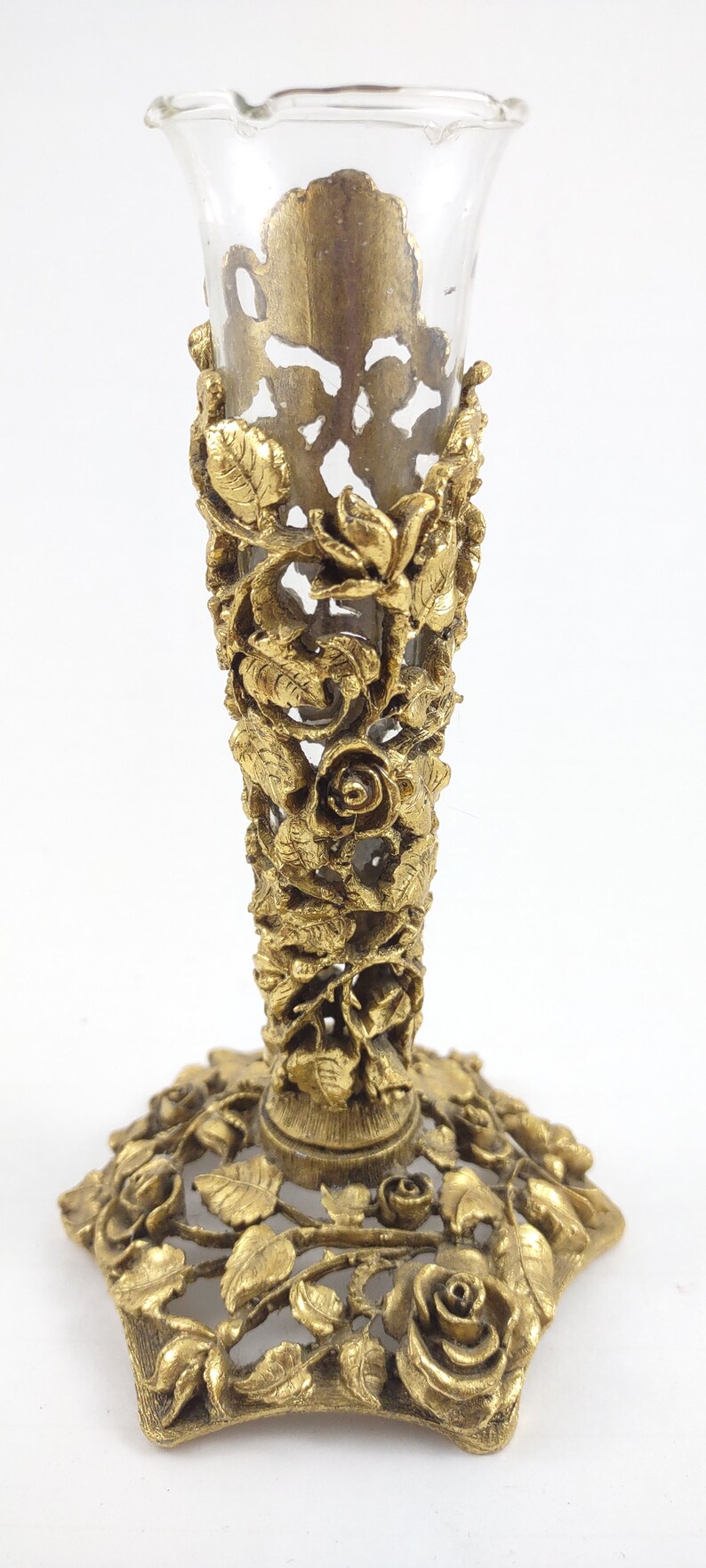Matson Guilded Bud Vase, Flower Vase With Detailed Glass Insert, Roses, 1970, Hollywood Regency ...