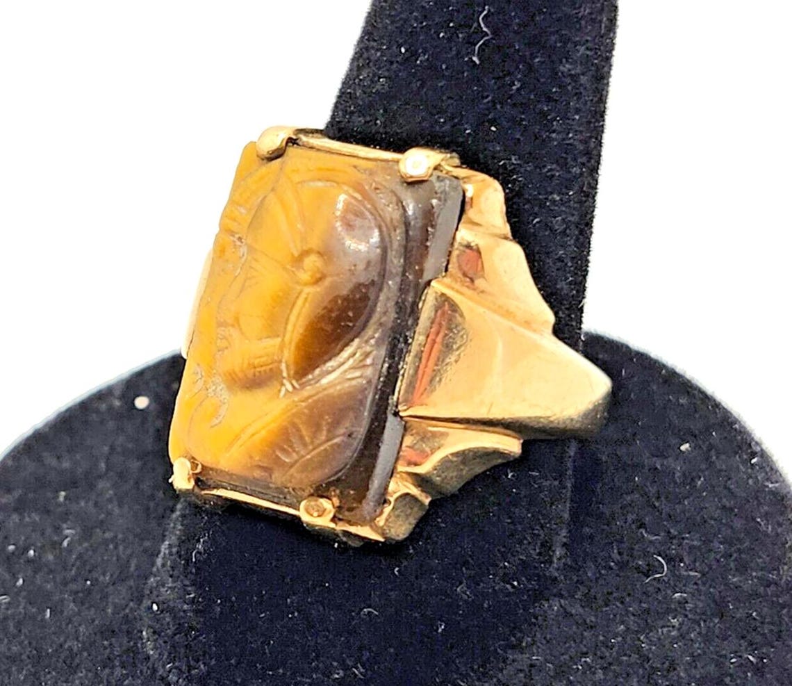 Men's Antique Carved Tigers Eye Intaglio 10K Yellow Gold Ring - Etsy