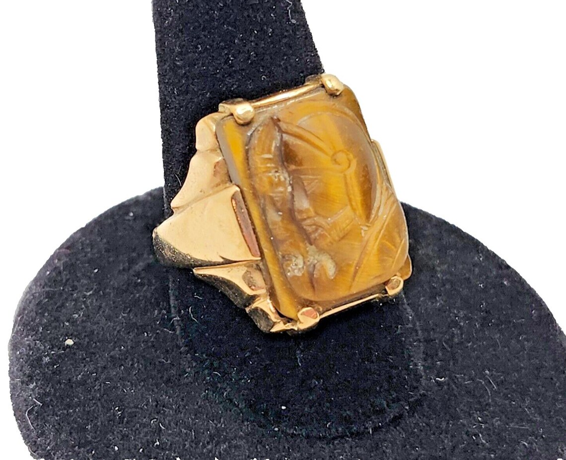 Men's Antique Carved Tigers Eye Intaglio 10K Yellow Gold Ring - Etsy