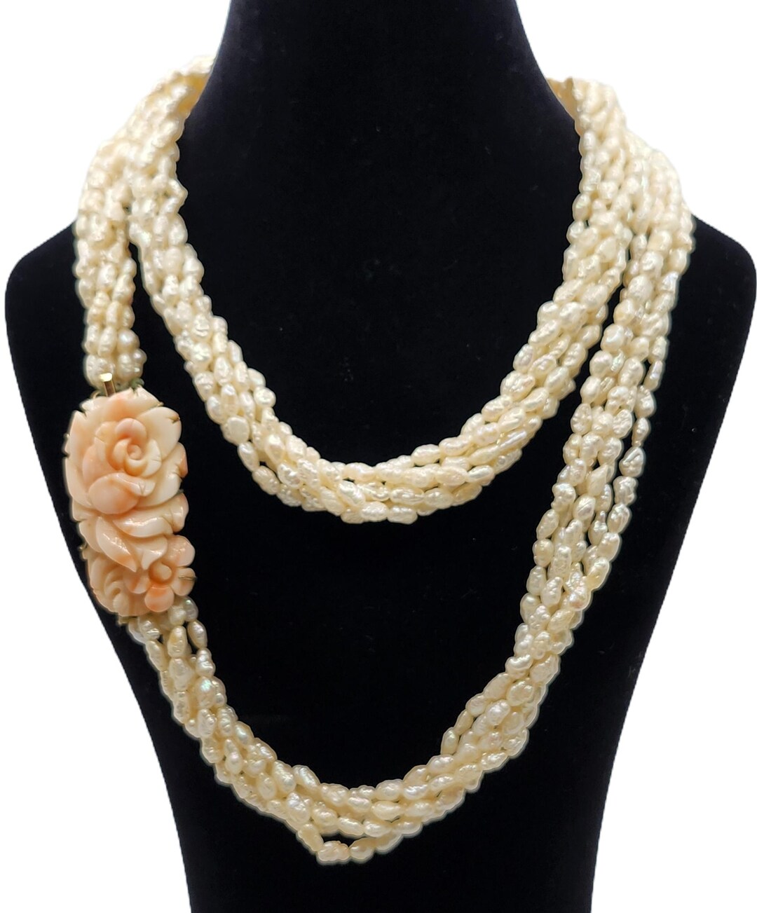 Vintage Carved Coral Rose 6 Strand White Cultured Freshwater Pearl ...