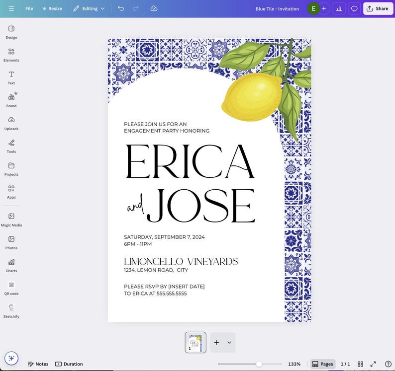 Lemon Blue Tile Invite, Lemon Mediterranean Bridal Shower - Instantly ...