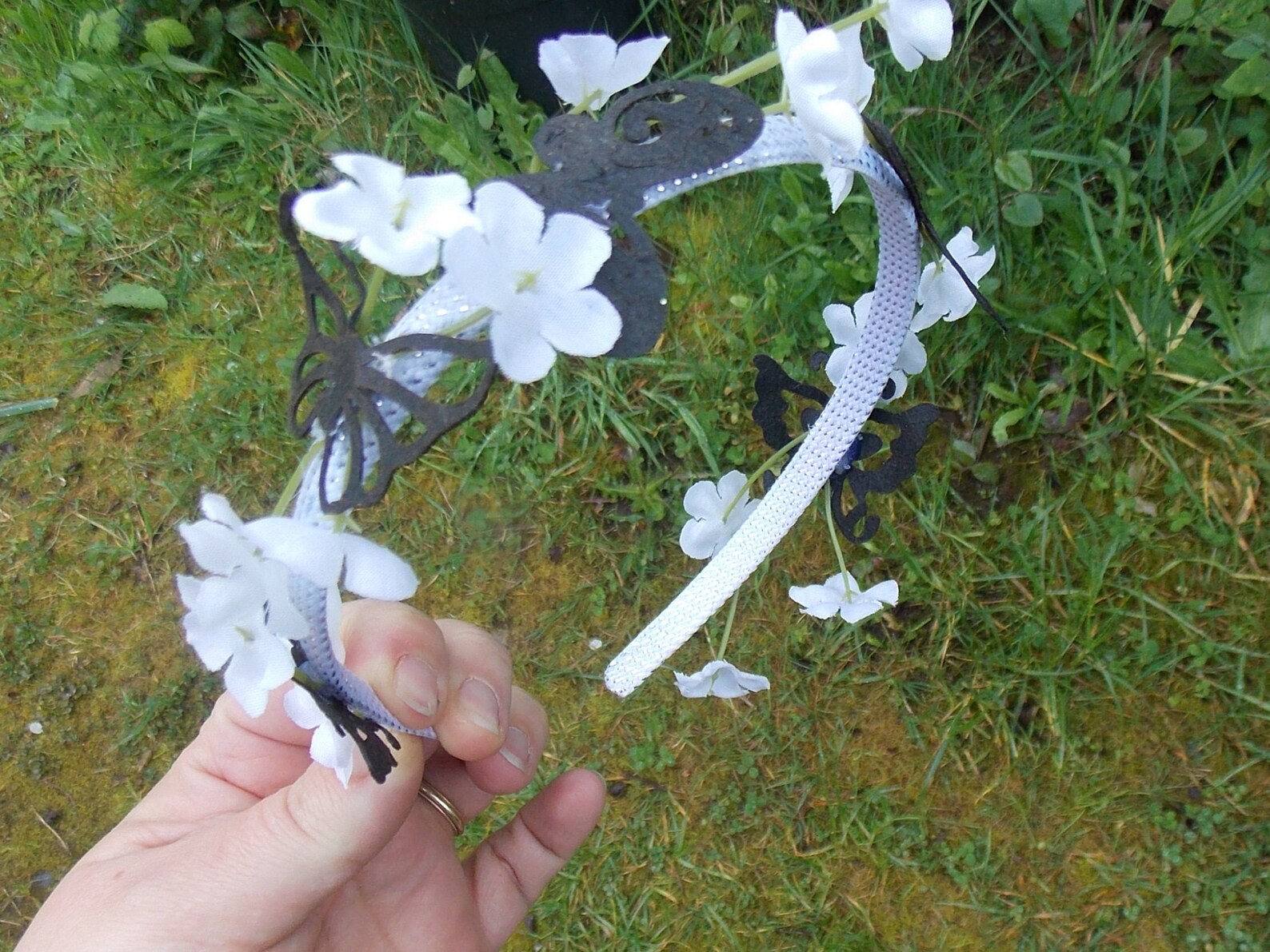 Black and White Headband With White Flowers and Black Butterflies, Sale ...