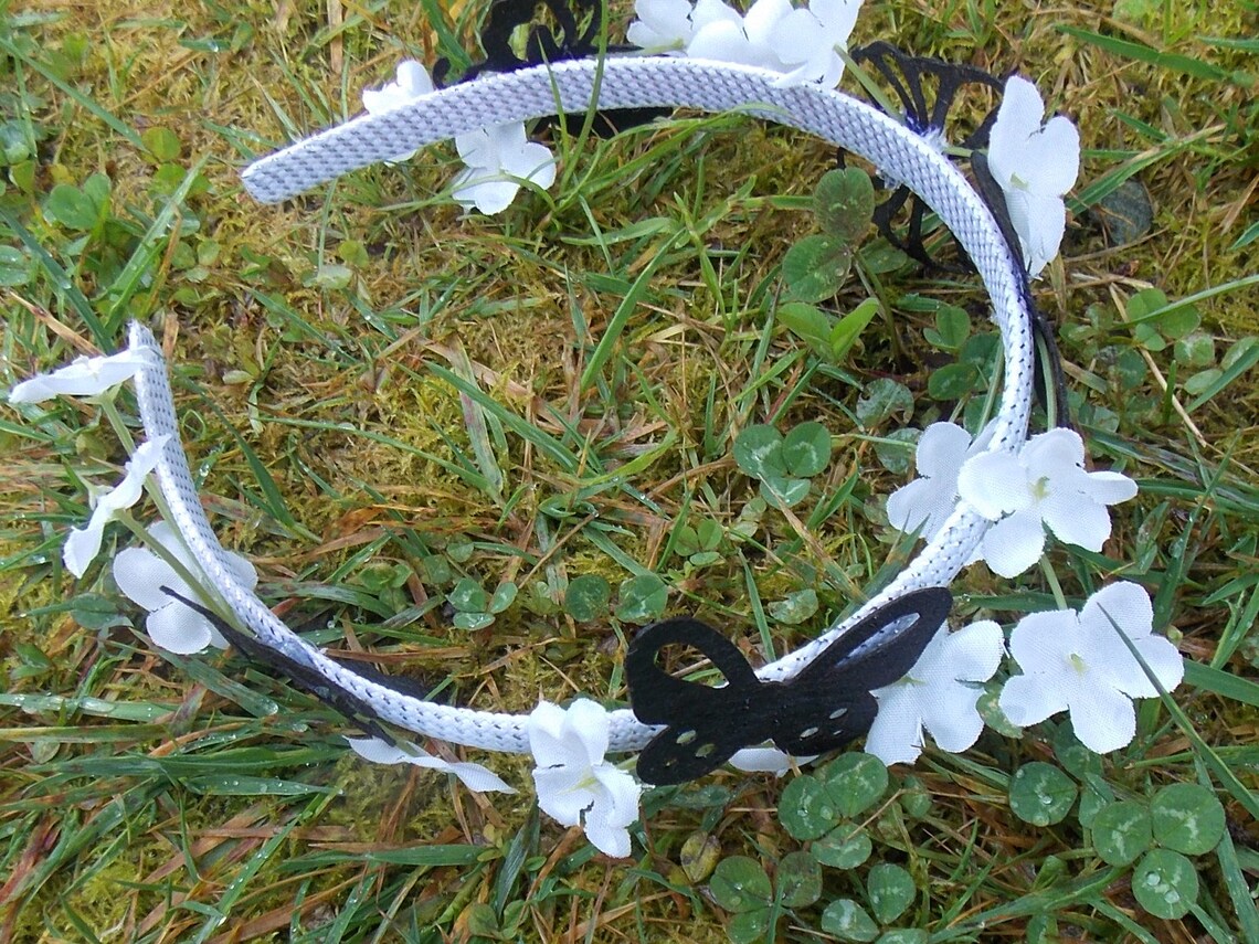Black and White Headband With White Flowers and Black Butterflies, Sale ...