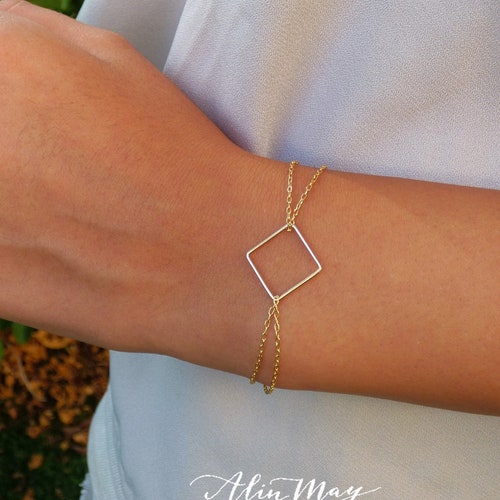 Square Charm Bracelet 14K Gold Filled Double Chain - Etsy Israel