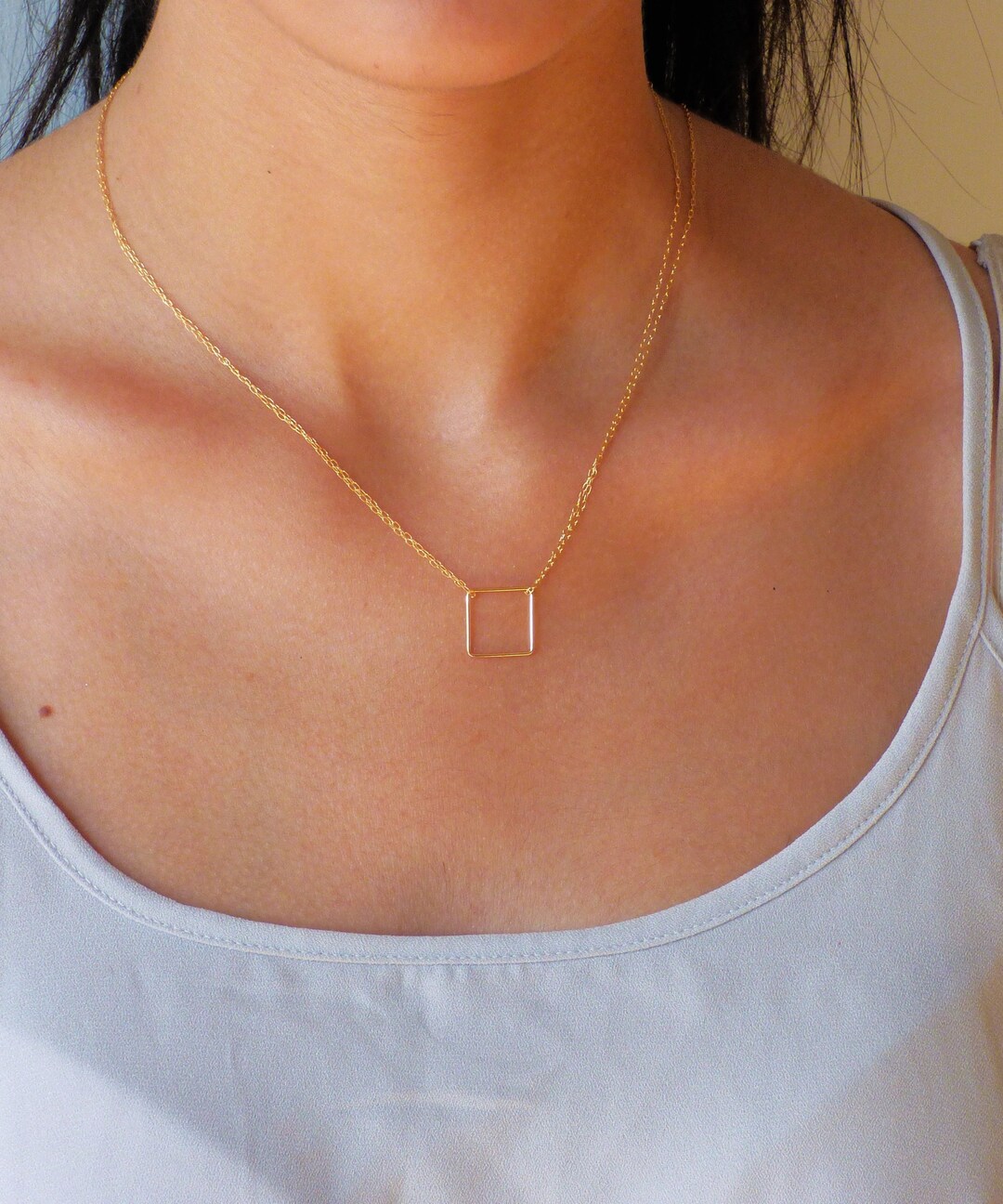 Square Necklace 14K Gold Filled Double Chain Necklace Geometric Jewelry ...