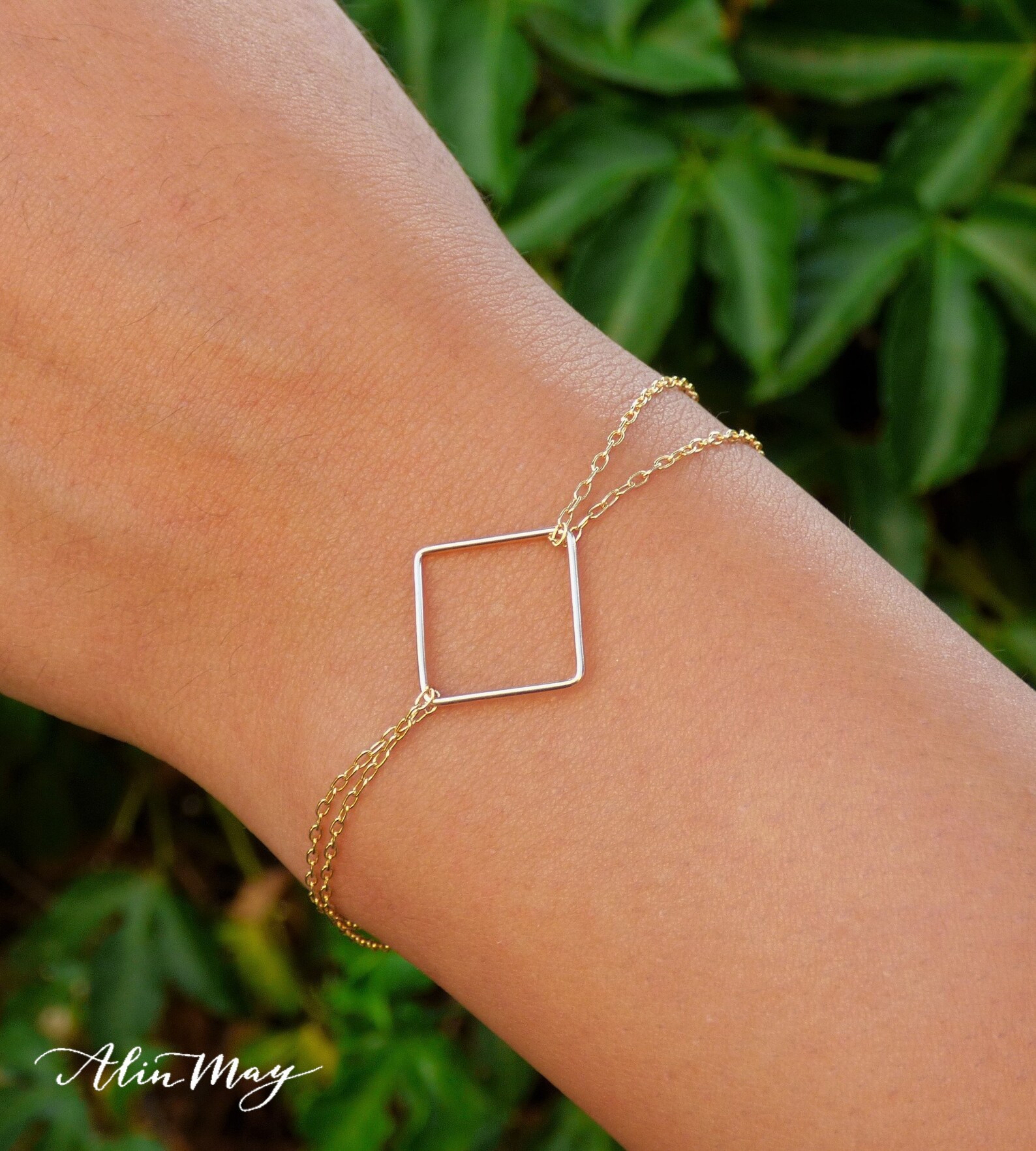 Square Charm Bracelet 14K Gold Filled Double Chain - Etsy Israel