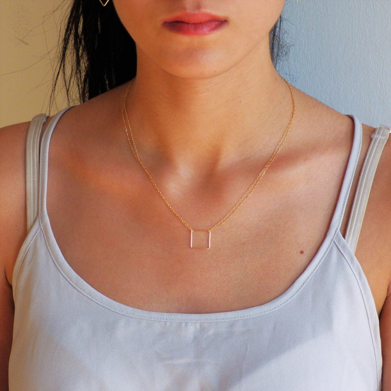 Square Necklace 14K Gold Filled Double Chain Necklace | Etsy