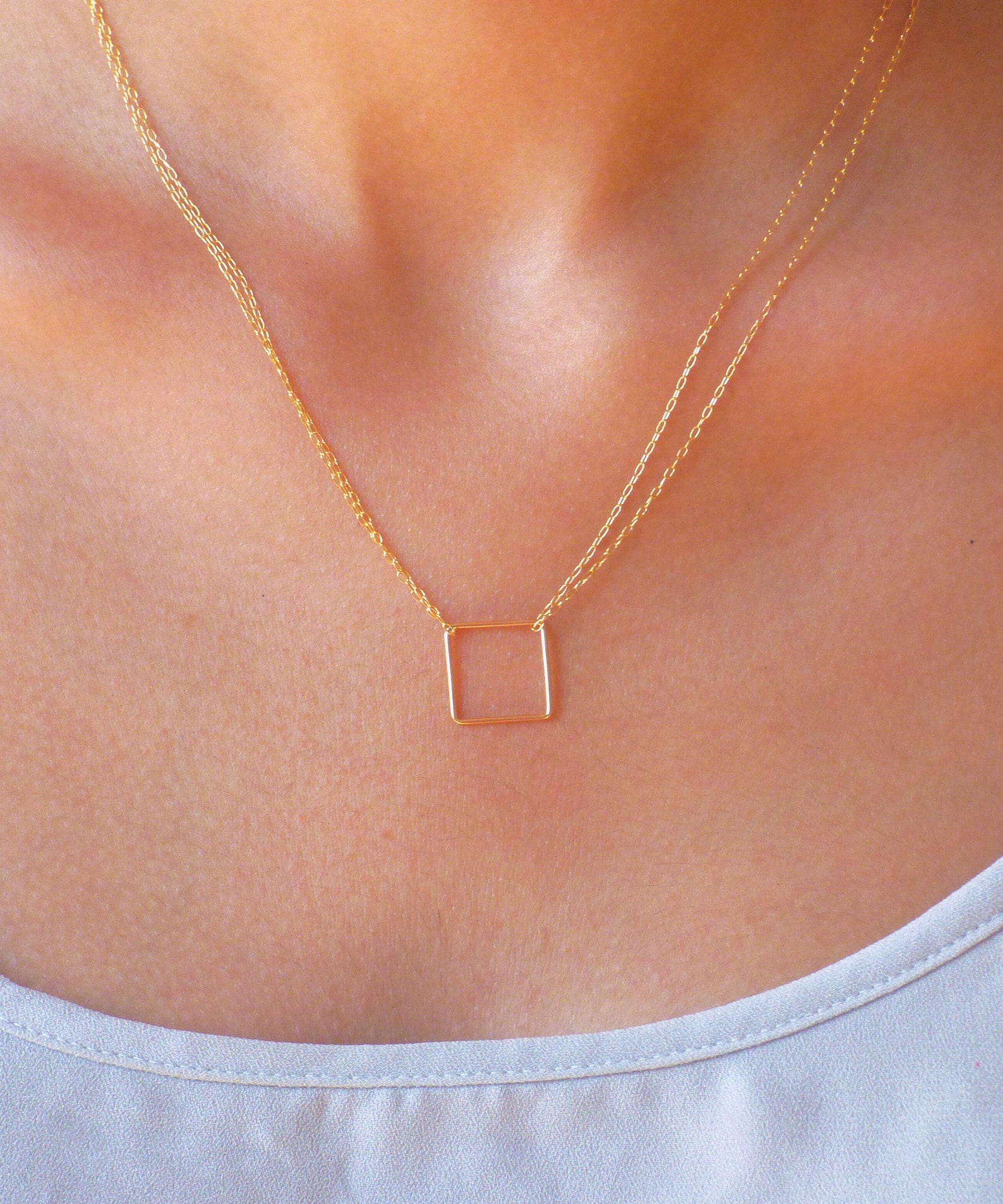 Square Necklace 14K Gold Filled Double Chain Necklace - Etsy