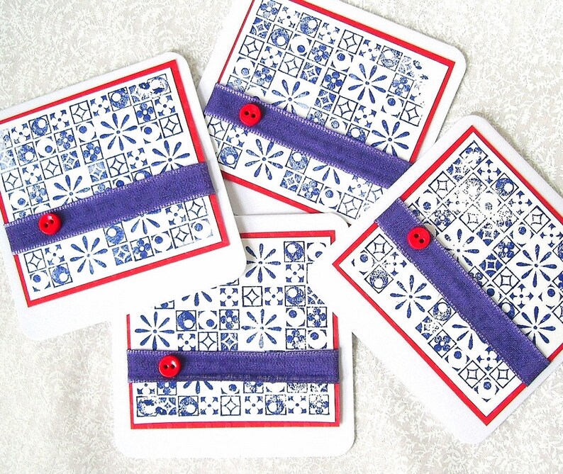 Red White and Blue Mini Note Cards Floral Stamped Pattern | Etsy