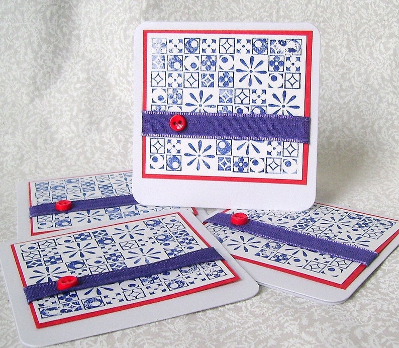 Red White and Blue Mini Note Cards Floral Stamped Pattern | Etsy