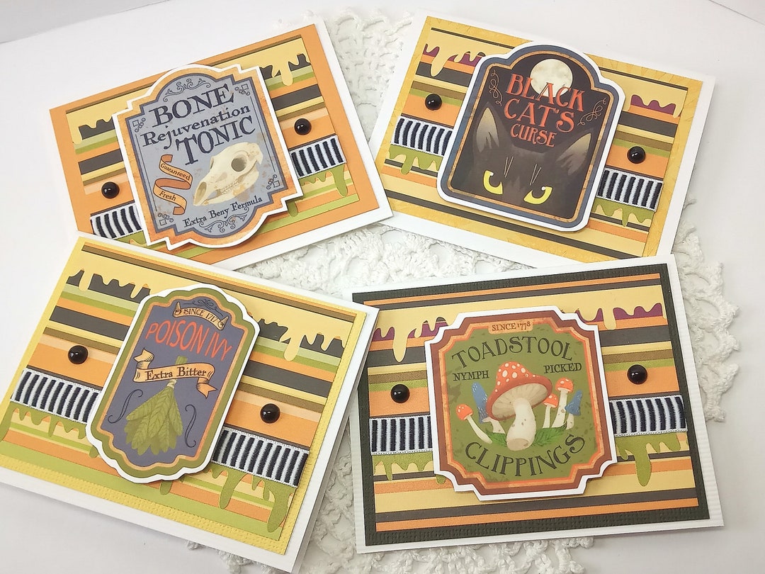 Halloween Mini Cards, Spooky Note Cards, Toadstool, Black Cat, Poison ...