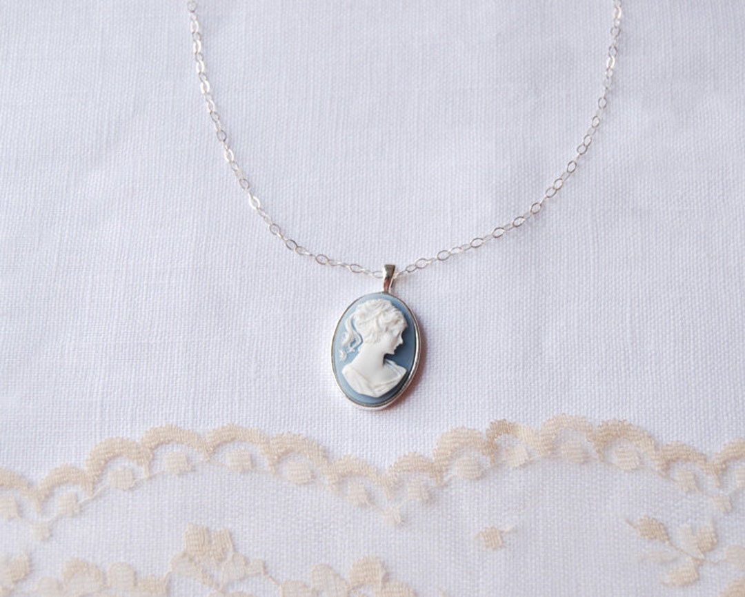 Blue Cameo Necklace, Sterling Silver Chain, Vintage Inspired, Modern ...