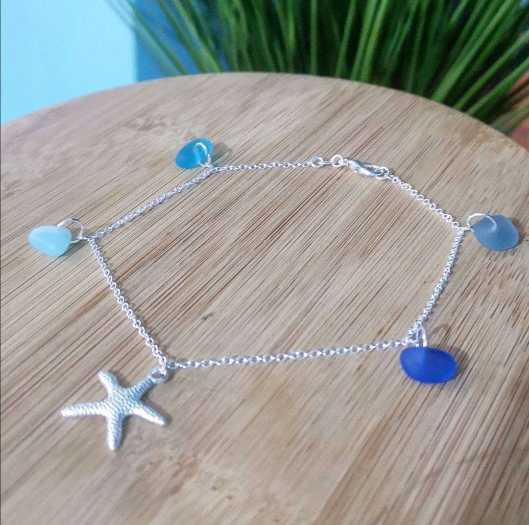 Silver Starfish Anklet, Sea Glass Anklet, Beach Glass Anklet, Beach ...