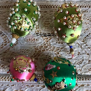 Four Satin Cover Styrofoam Push Pin Decorated Ornaments See Description ...