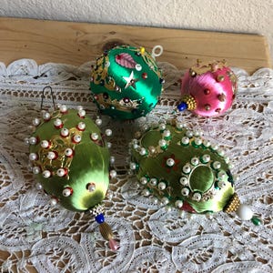 Four Satin Cover Styrofoam Push Pin Decorated Ornaments See Description ...