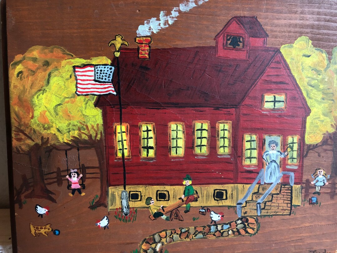 A Rustic Folk Art Style Painting on Board of Children on Recess at A ...