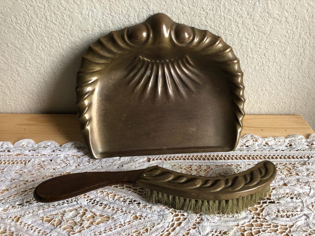 A Rustic Decorative Brass Crumb Sweeper/catcher Set Marked Made in ...
