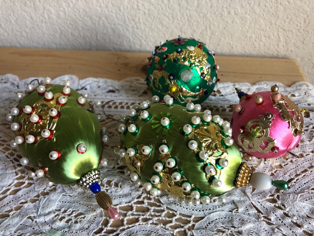 Four Satin Cover Styrofoam Push Pin Decorated Ornaments See Description ...
