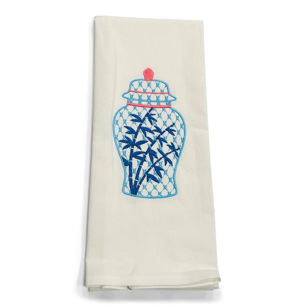 Towel - Embroidered Fishtail Blue Ginger Jar - Etsy