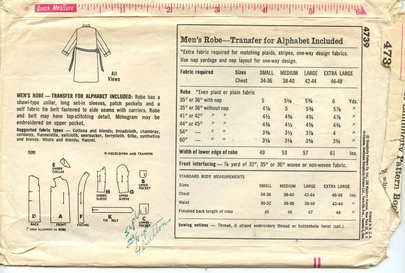 Vintage Simplicity Sewing Pattern Men's Robe With Tie Size: Medium ...