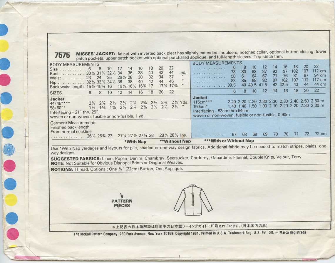Mccall's Sewing Pattern 7575 Misses' Nautical Jacket Van - Martin Size ...
