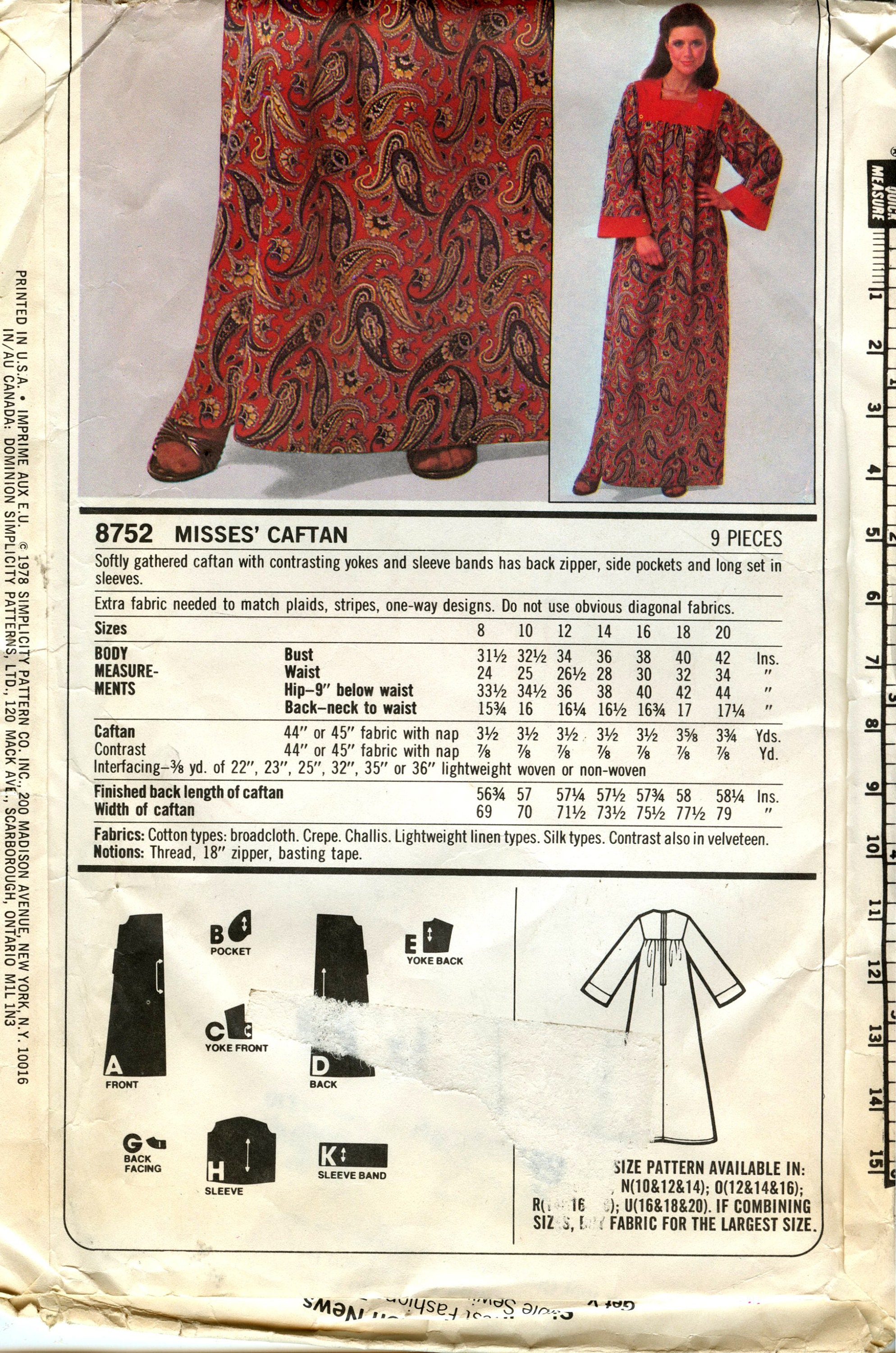 Vintage Simplicity Sewing Pattern 8752 Misses' Caftan Sizes 10-12-14 ...