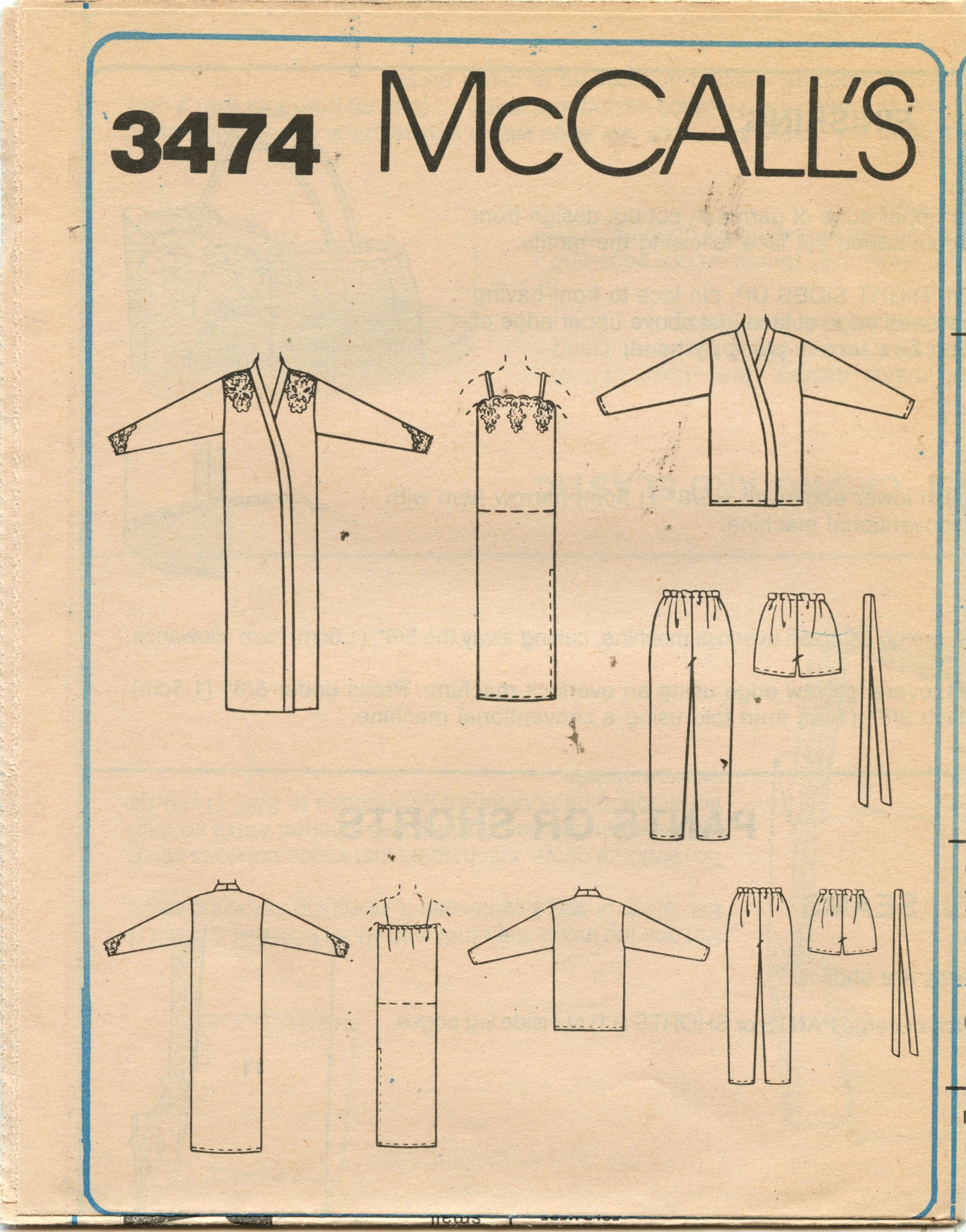 Mccall's Pattern 3474 Misses' Robe and Tie Belt, Nightgown, Camisole ...
