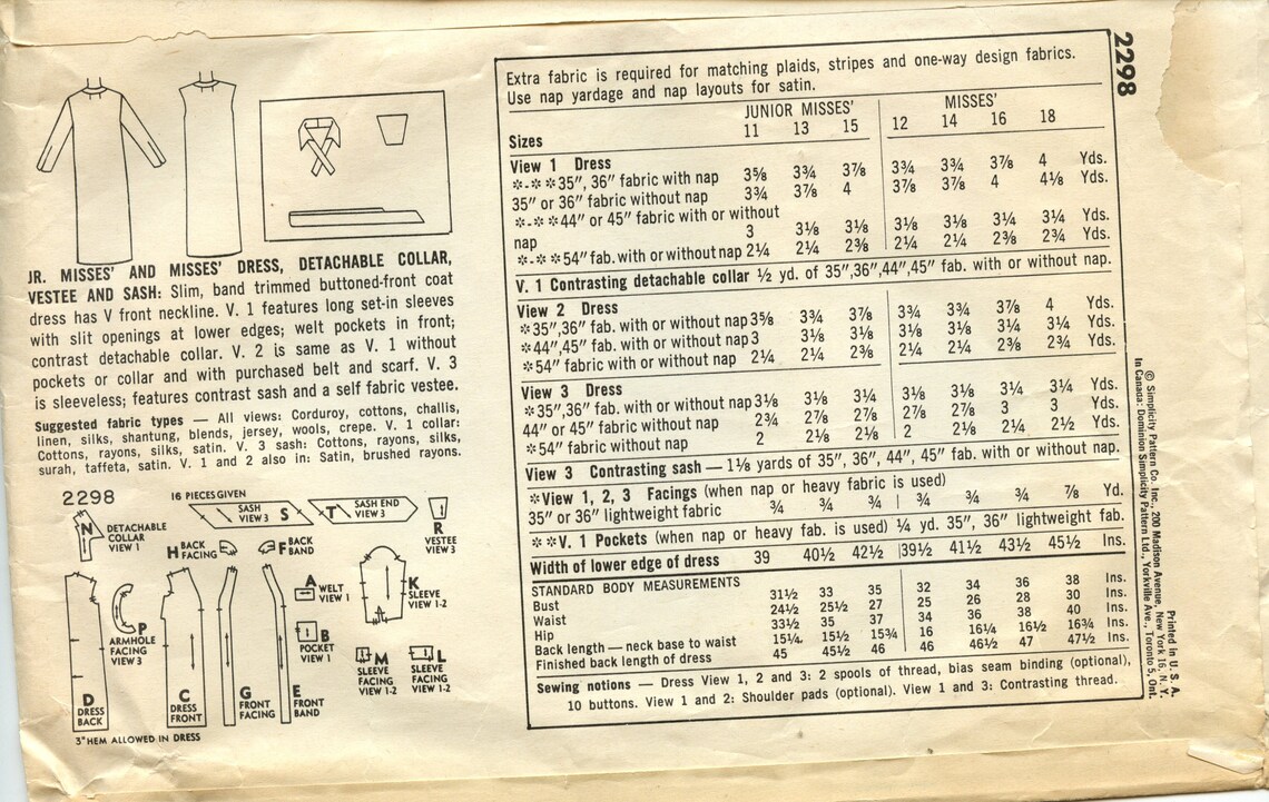 1950's Simplicity Sewing Pattern 2298 Slim Fitting Coat Dress With ...