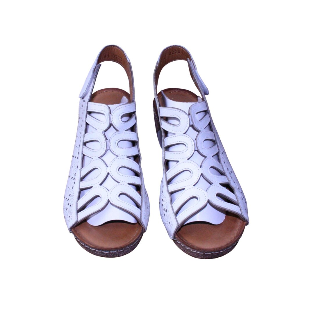 Spring Step White Laser-cut Wedge Sandals With Adjustable Strap & Cork ...