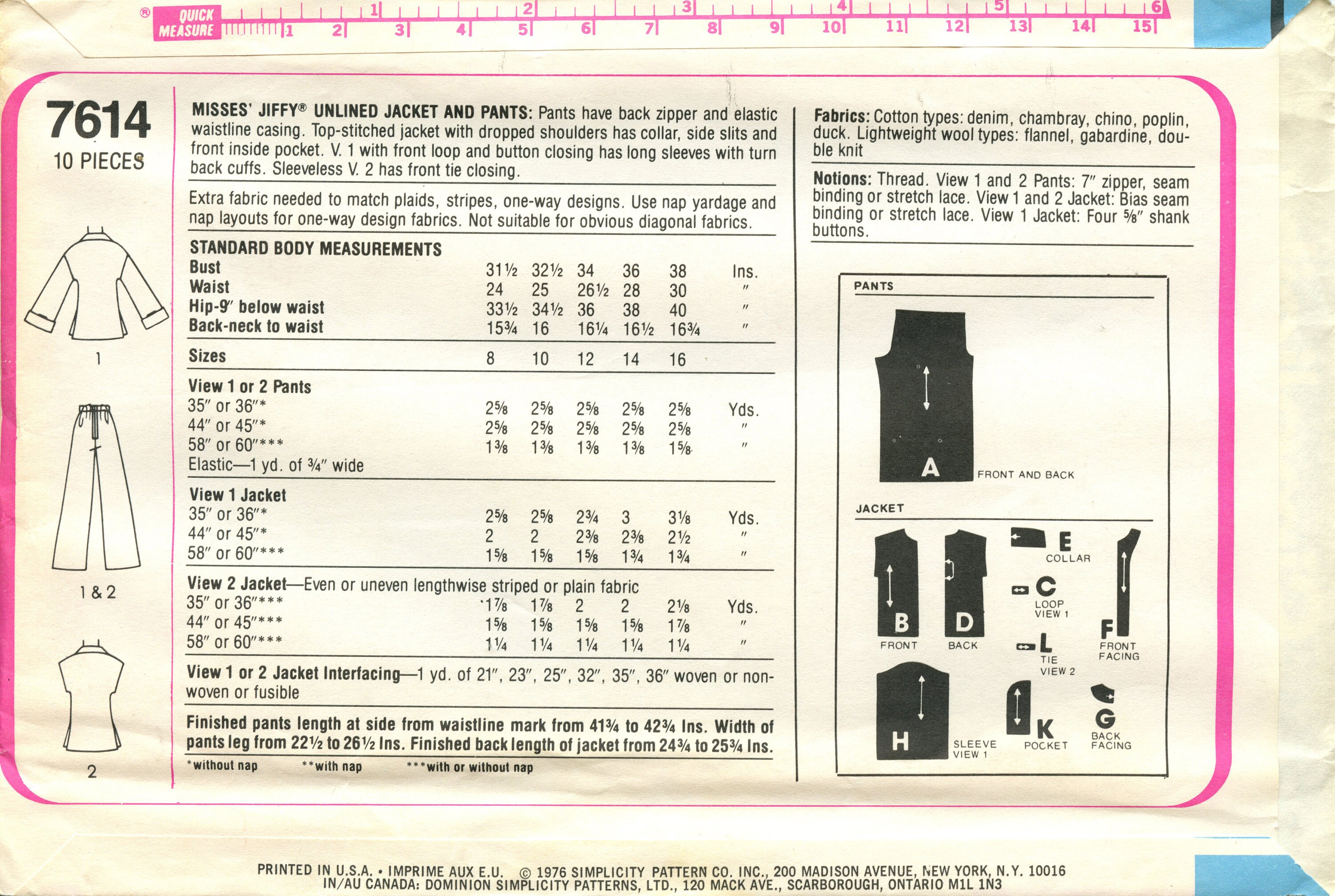Vintage Simplicity Pattern 7614 Misses' Unlined Jacket and Pants 1970's ...