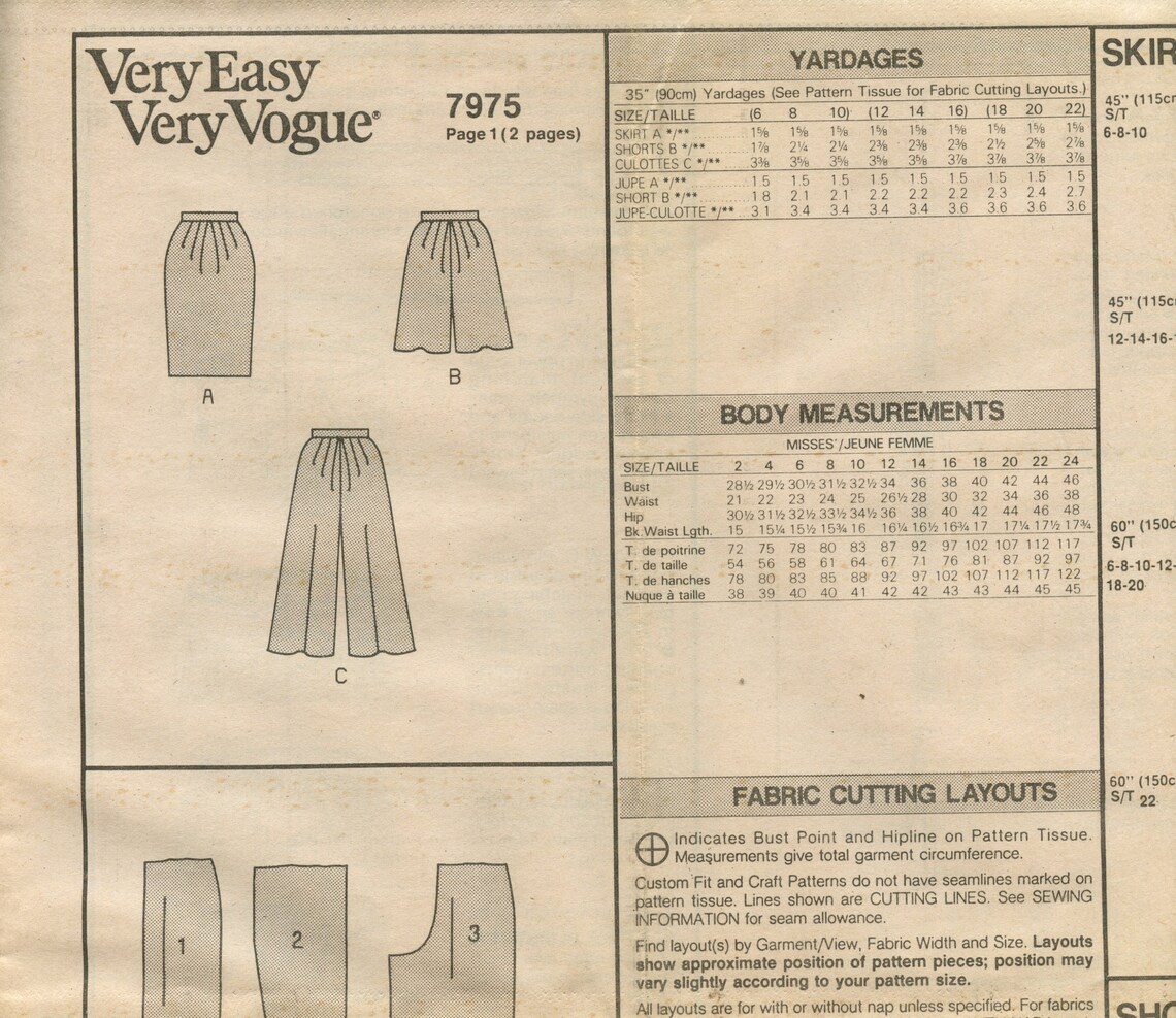 Very Easy Very Vogue Sewing Pattern 7975 Misses' Tapered Skirt, Lower ...