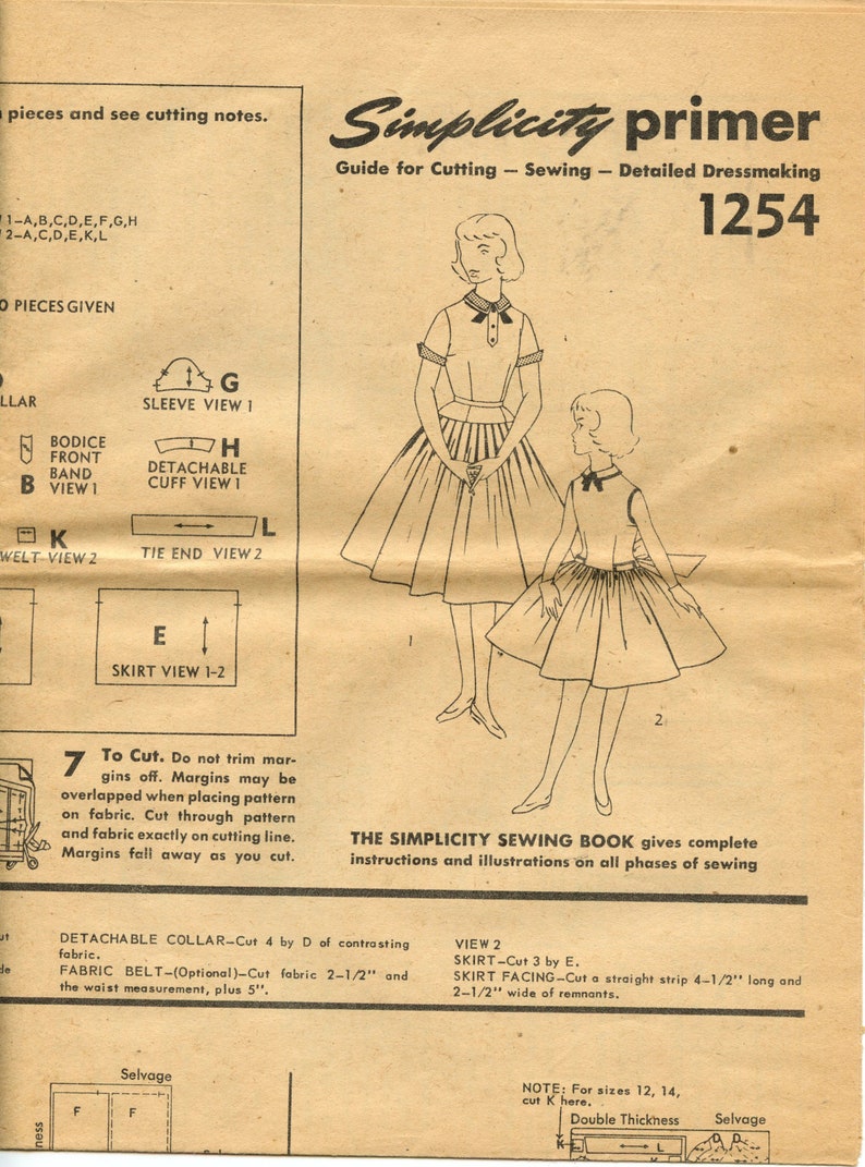 Vintage Simplicity Pattern 1254 Girl's One-piece Dress With Detachable ...