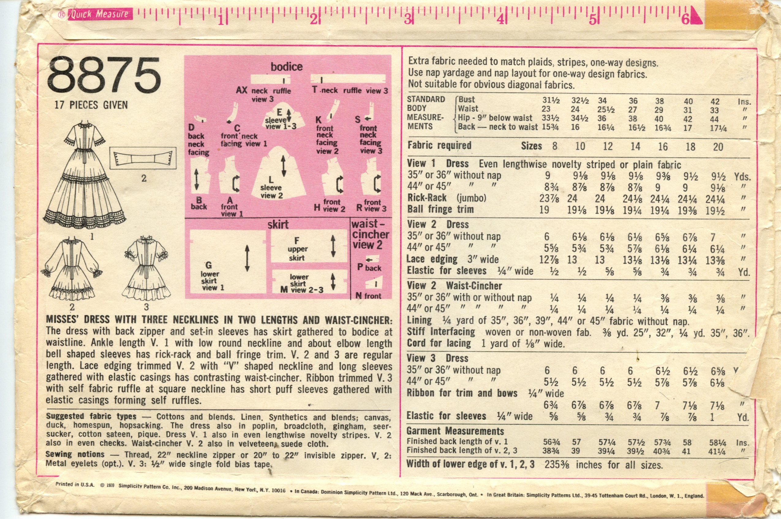 Vintage Simplicity Sewing Pattern 8875 Misses' 70's Dress With Flares ...