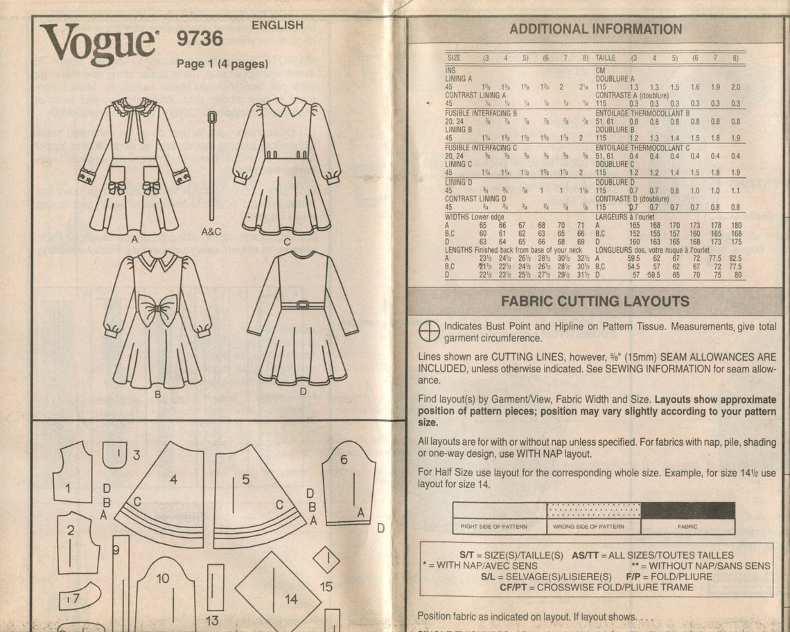Vogue for Me Sewing Pattern 9736 Girl's Lined Dress Sizes - Etsy