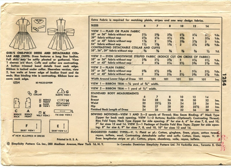 Vintage Simplicity Pattern 1254 Girl's One-piece Dress With Detachable ...