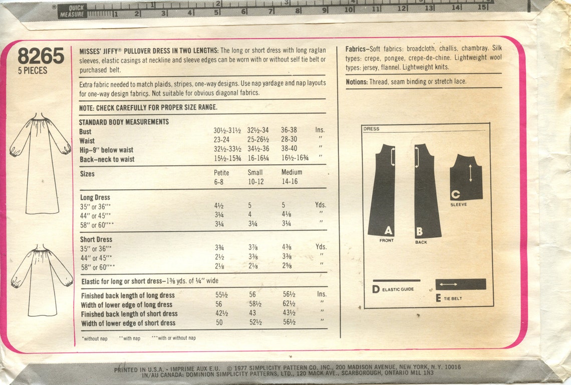 Vintage Jiffy Simplicity Sewing Pattern 8265 Misses' Pullover Dress in ...