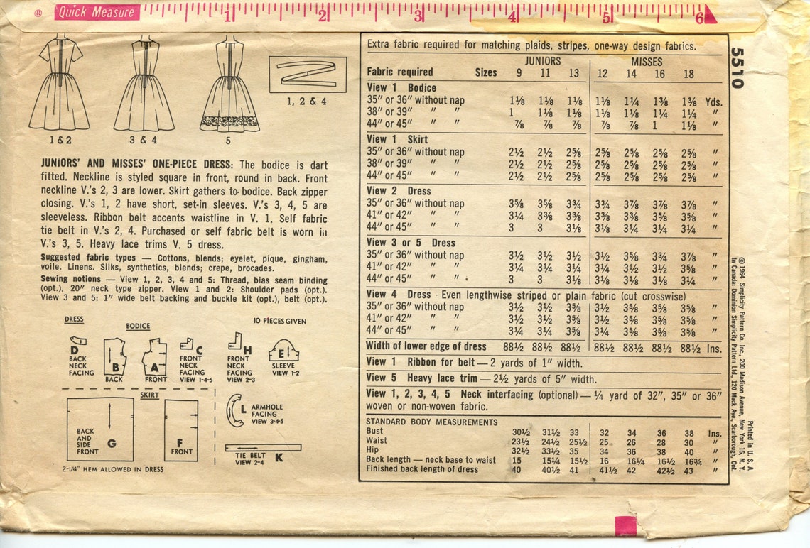 Vintage 1964 Simplicity Pattern 5510 Junior Party One-piece Dress ...