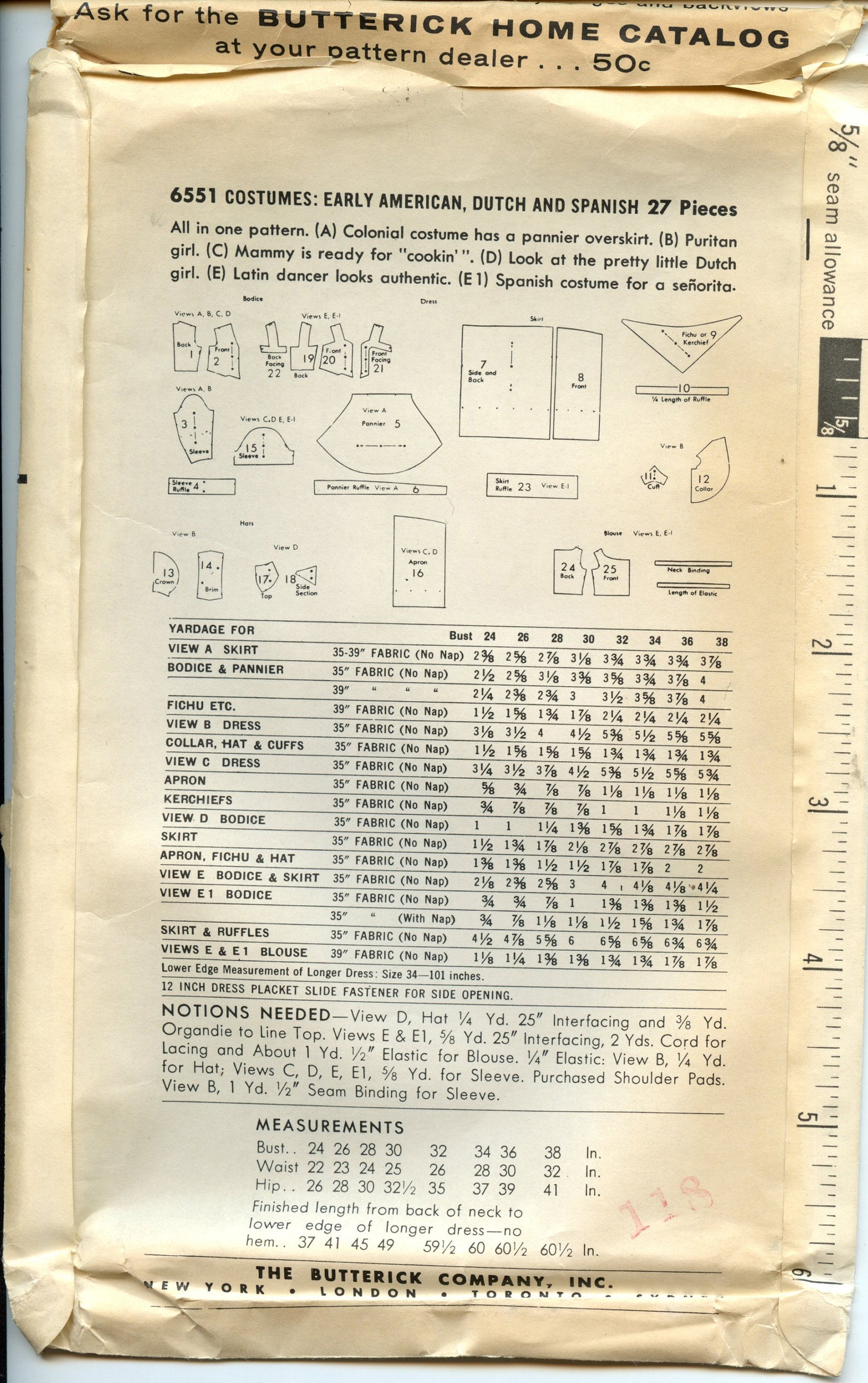1950's Butterick Costume Pattern 6551 Dutch, Spanish and Early American ...