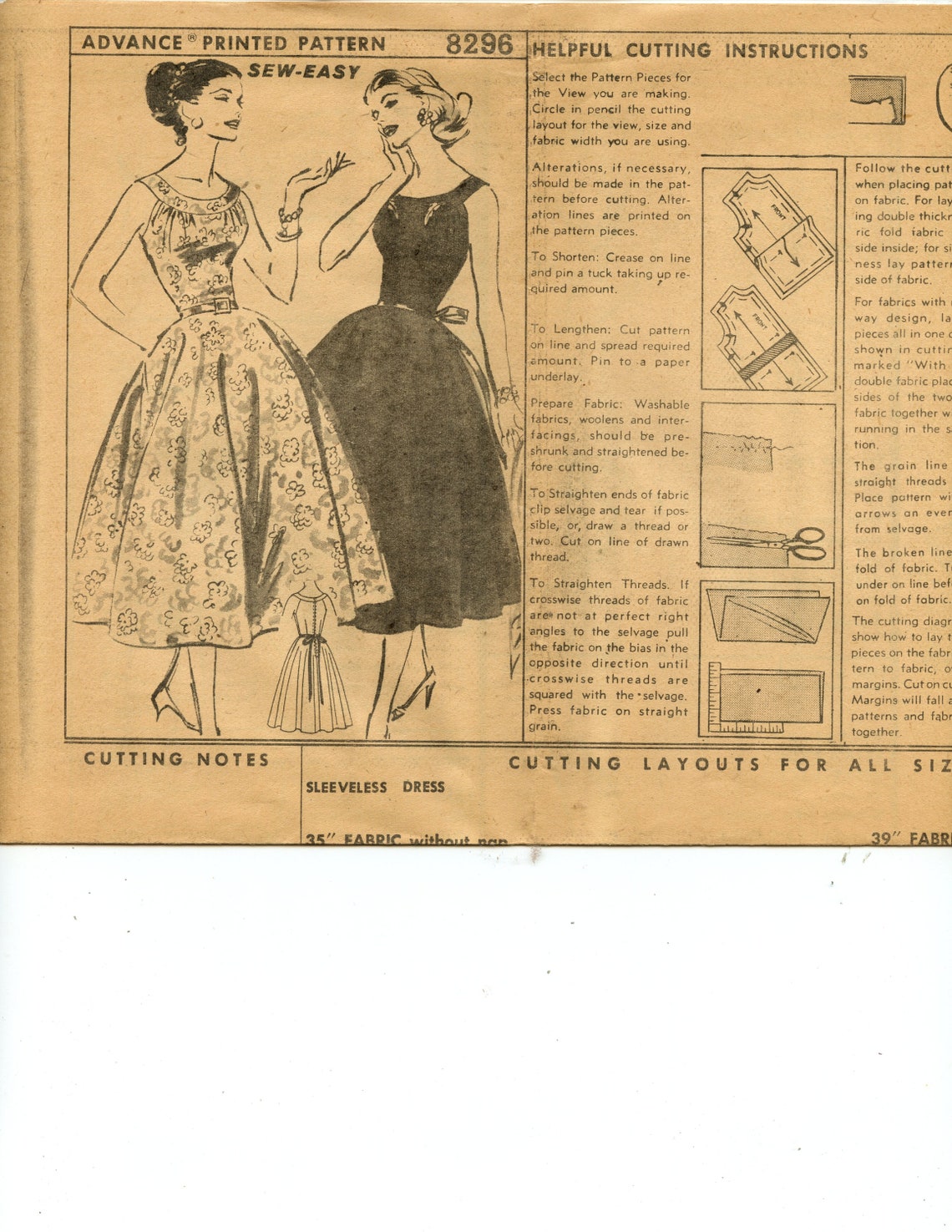 Vintage Advance Sew-easy Sewing Pattern 8296 Misses' Sleeveless Dress ...