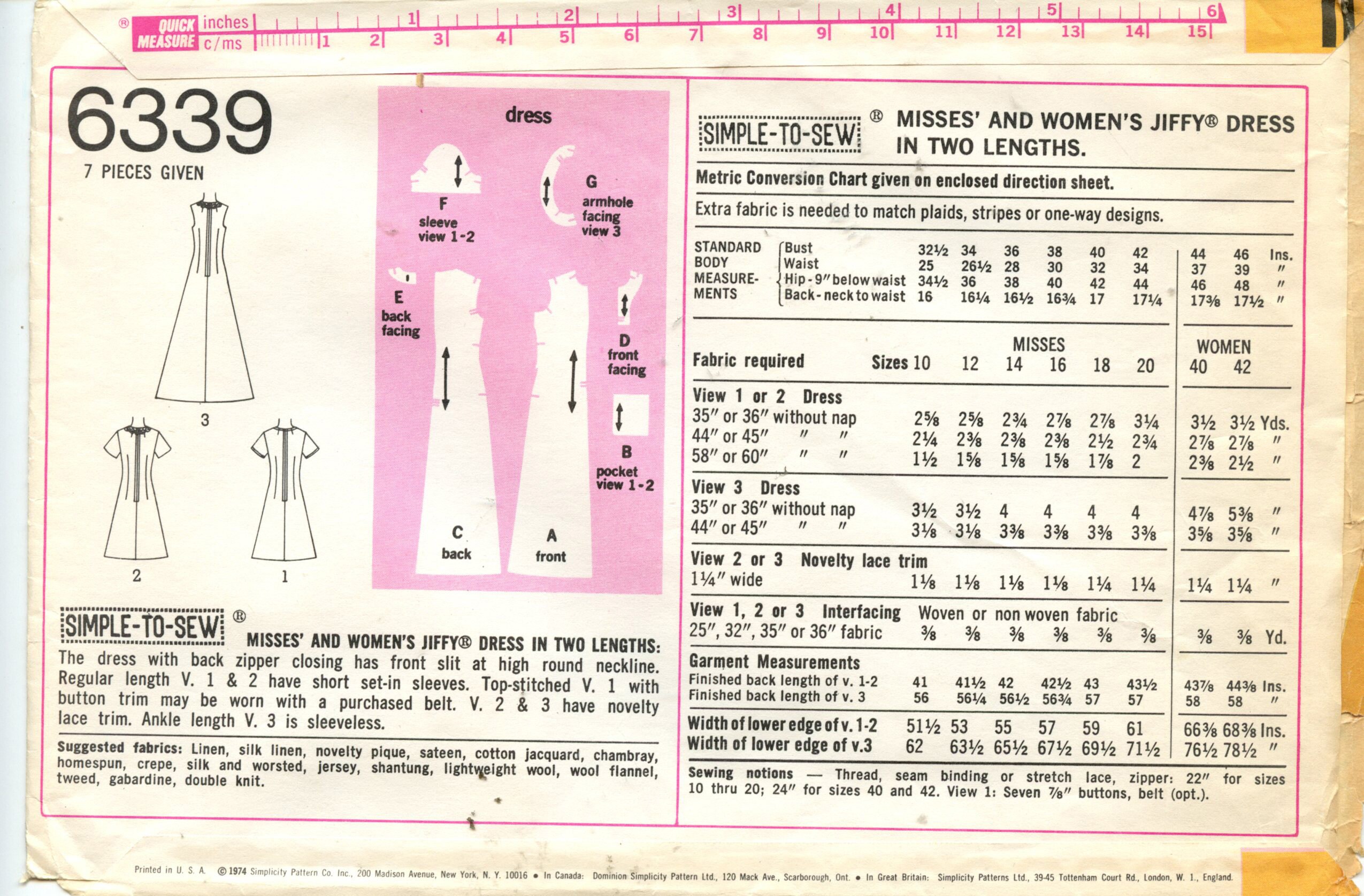 Easy Vintage Simplicity Sewing Pattern 6339 Misses' 1970's Dress in Two ...